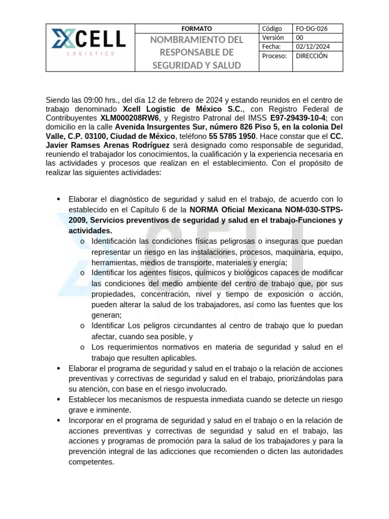 FO-DG-27 Nombramiento Responsable de Seguridad y Salud REV00 | PDF