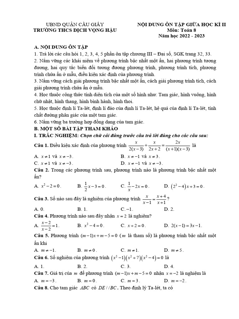 De Cuong Giua Ki 2 Toan 8 Nam 2022 2023 Truong Thcs Dich Vong Hau Ha Noi | PDF