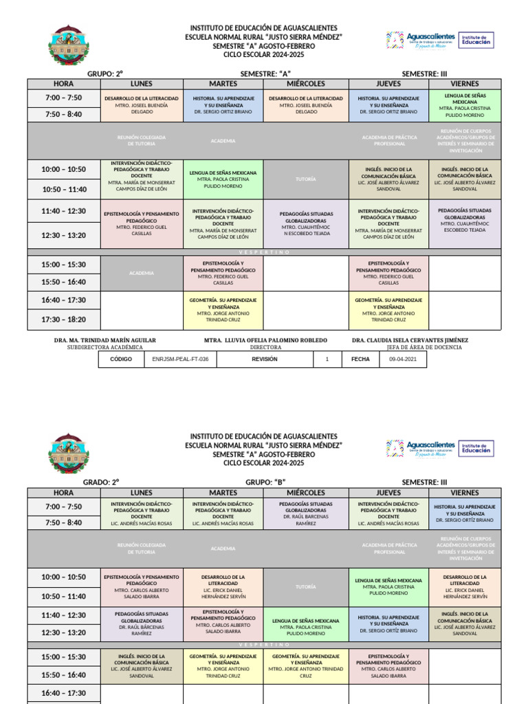 Horarios 2° Años Sem. A Agosto - Febrero 2024-2025 Oki-1 | PDF