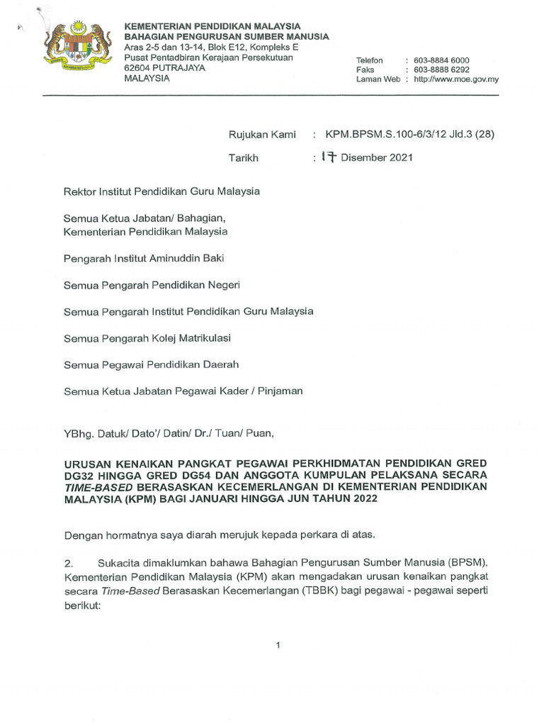 Urusan Kenaikan Pangkat PPP Gred DG32 Hingga Gred DG54 Dan AKP Secara TBBK Di KPM Bagi Januari ...