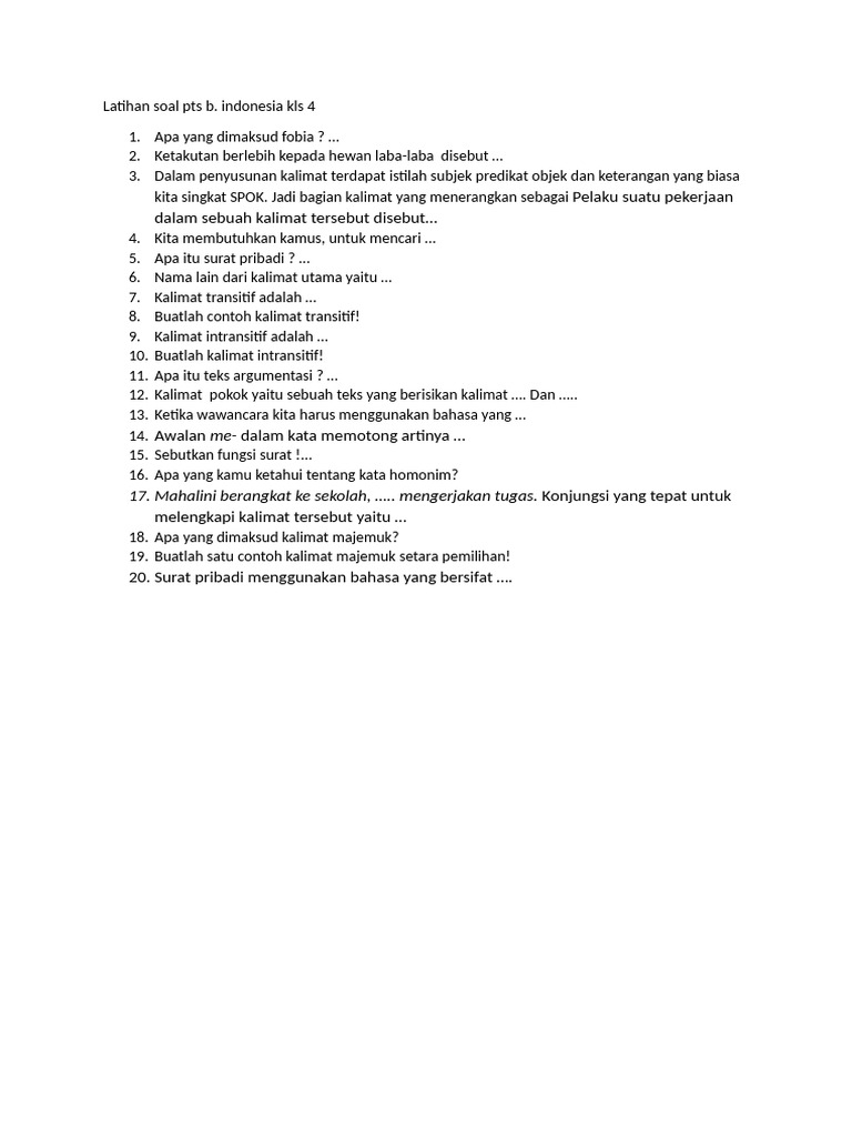 Latihan Soal Pts B. Indonesia Kls 4 | PDF