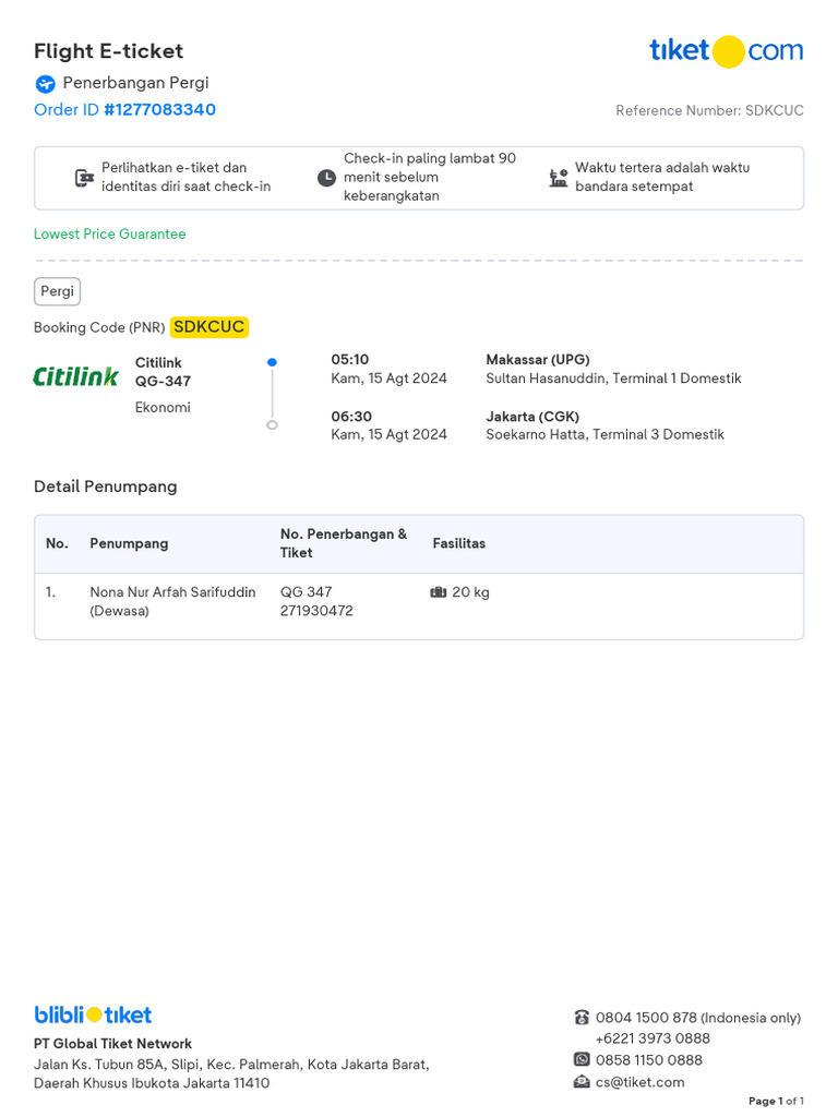 Flight E-Ticket - Order ID - 1277083340 - SDKCUC | PDF