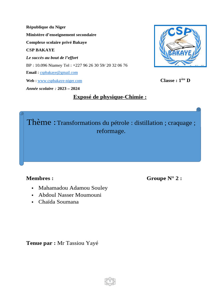 Thème: Transformations Du Pétrole: Distillation Craquage Reformage ...