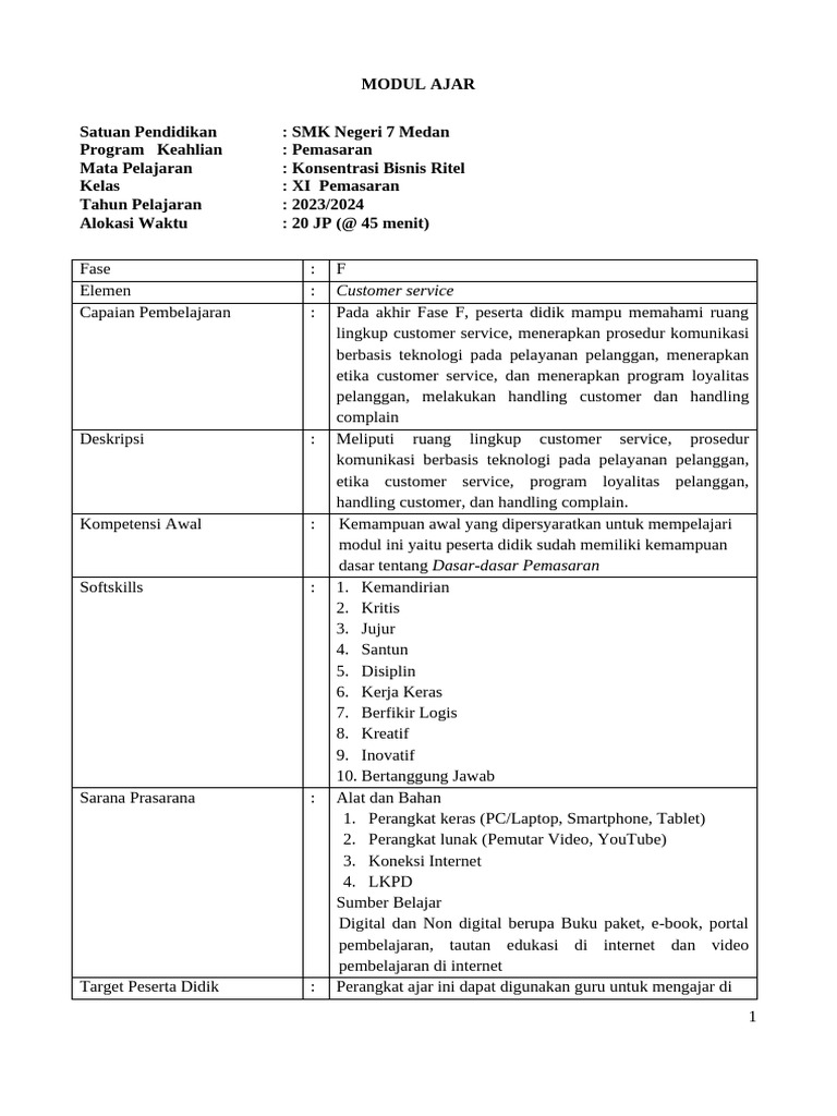 Modul Ajar Customer Service | PDF