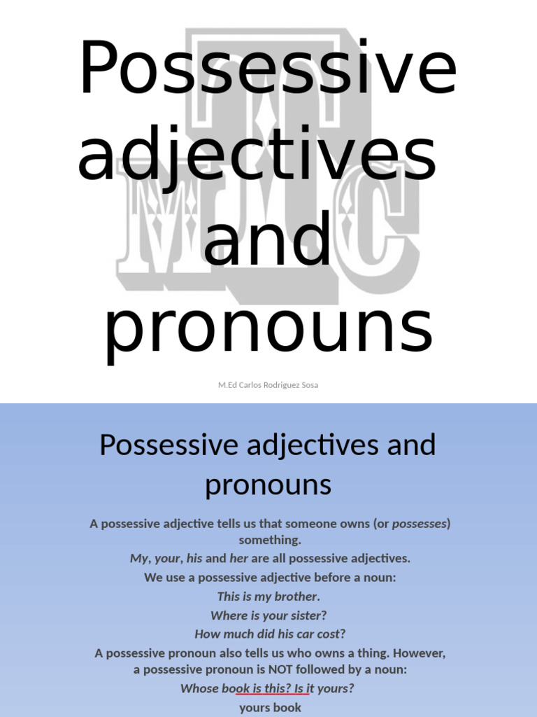 Possessive Adjectives and Pronouns Guide | PDF | Grammatical Number ...