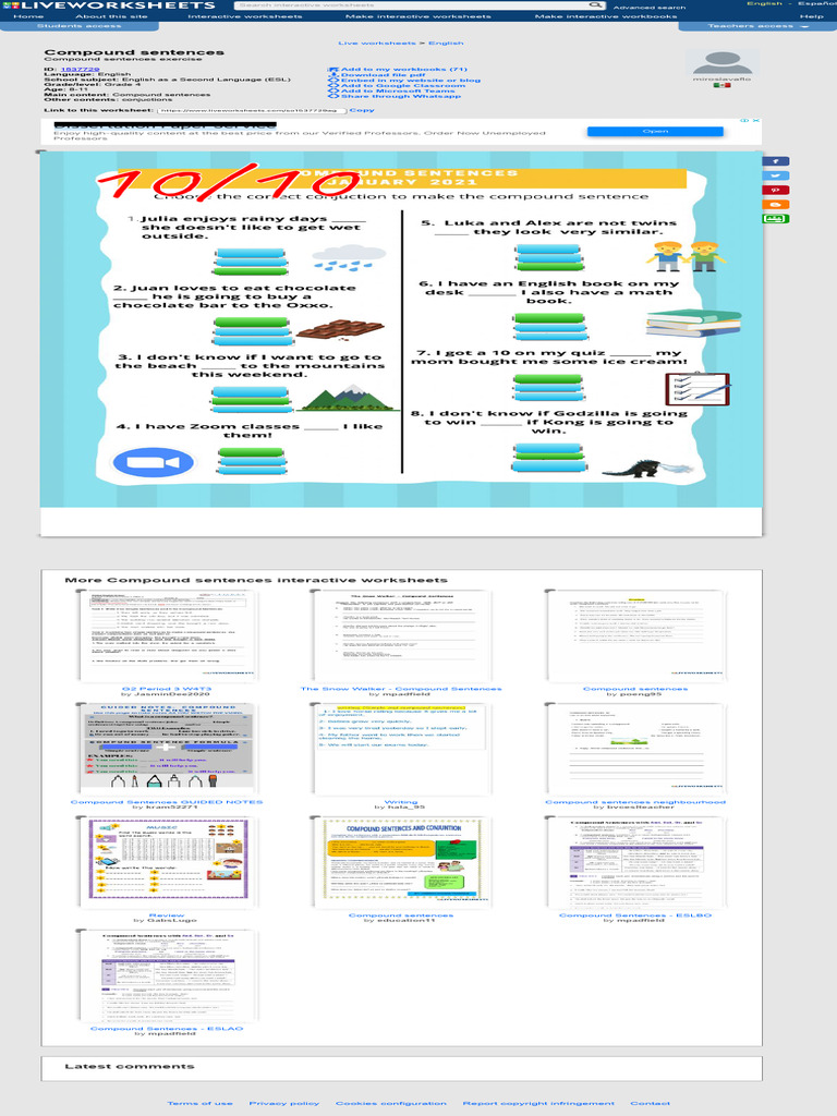 Compound Sentences Online Activity For Grade 4 | PDF