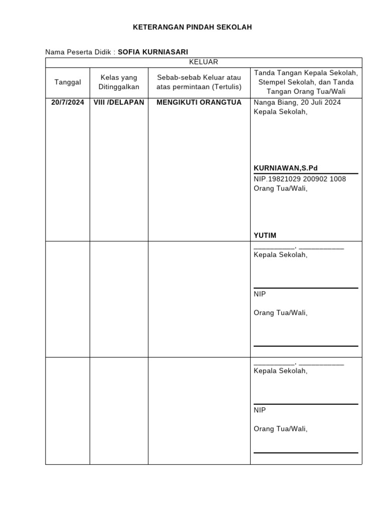 Lembar Mutasi Raport | PDF