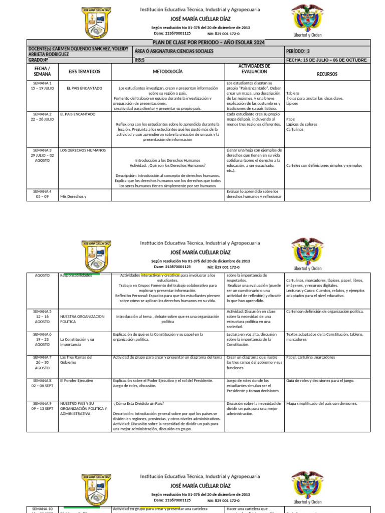 Plan de Clases de Sociales Grado 4 Tercer Periodo. | PDF