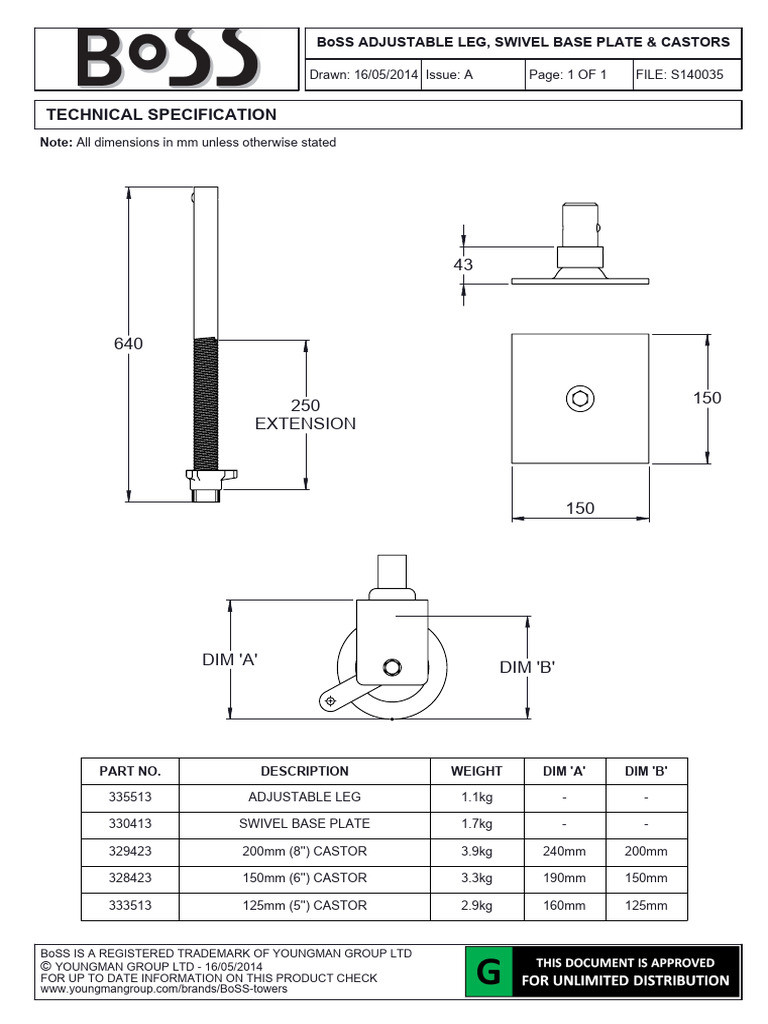 BoSS Adjustable Leg & Castor Specs | PDF
