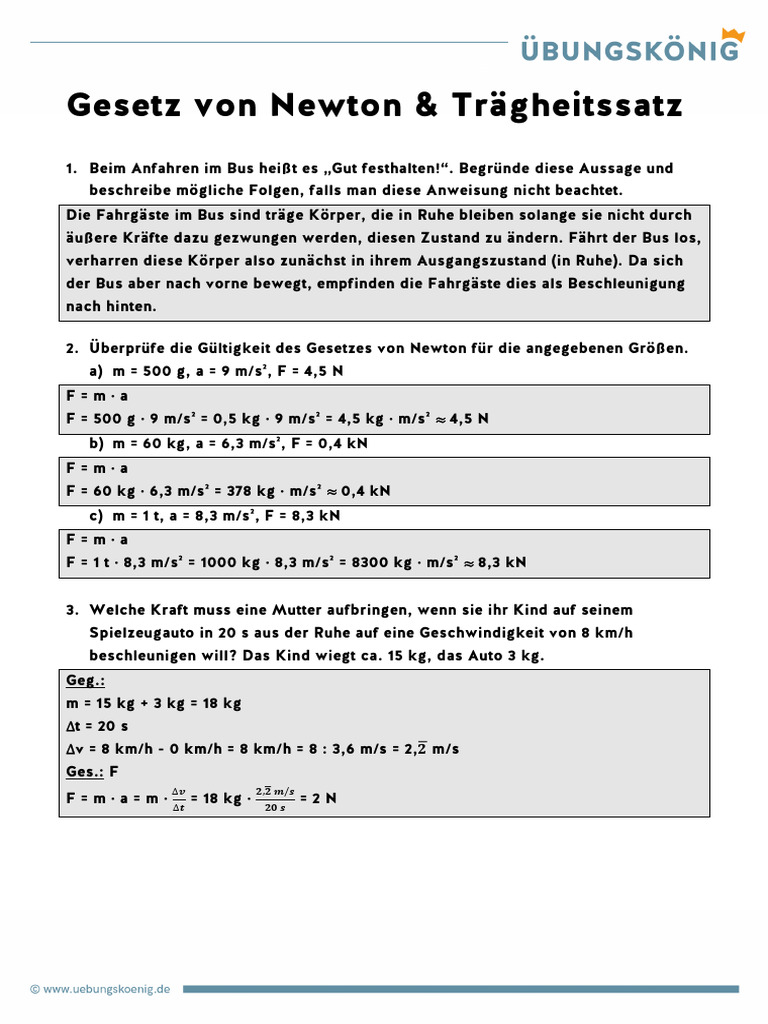 Physik 7 - Gesetz - Von - Newton - Und - Traegheitssatz - 2 - Loesung | PDF