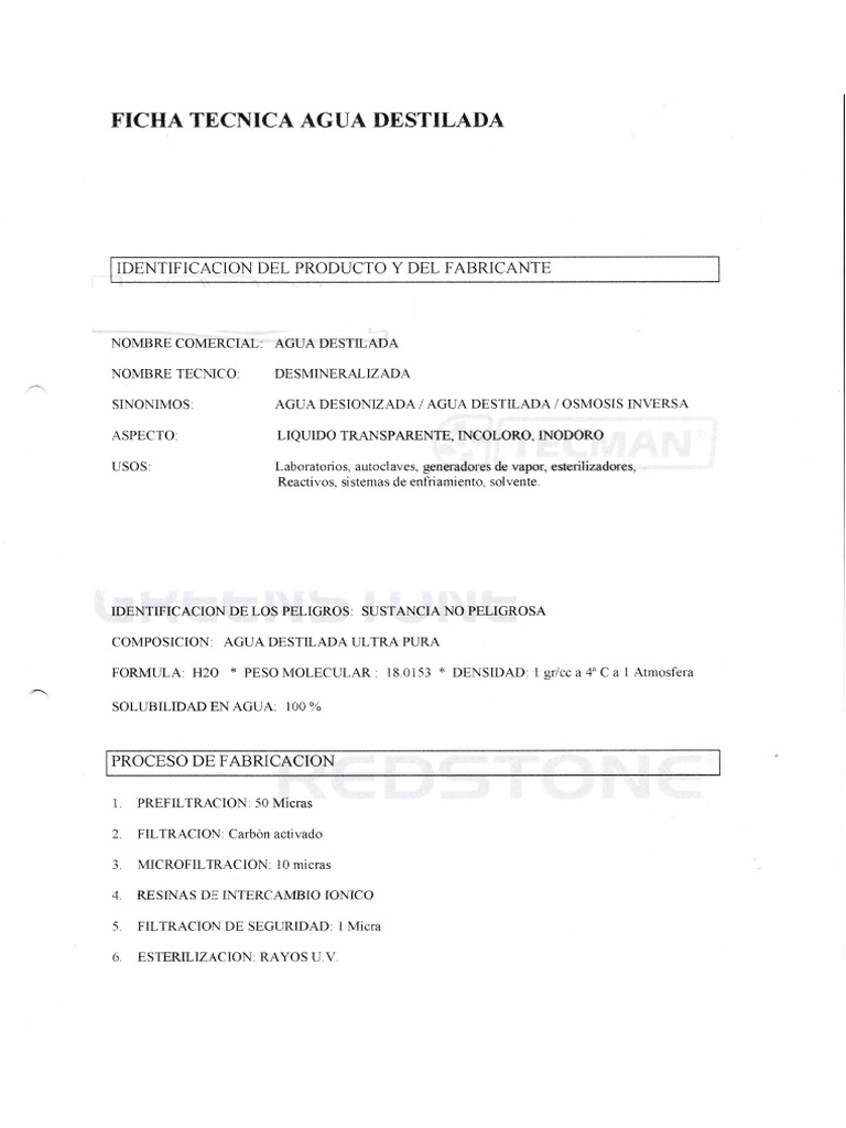 Ficha Tecnica Agua Destilada | PDF