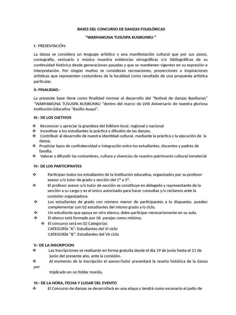Bases Del Concurso De Danzas Folkloricas Basilio Auqui PDF