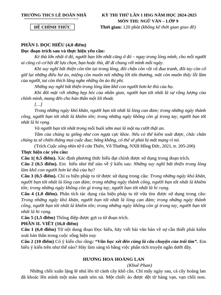 ĐỀ THI THƯ HSG VĂN 9 (24-25) L1 | PDF