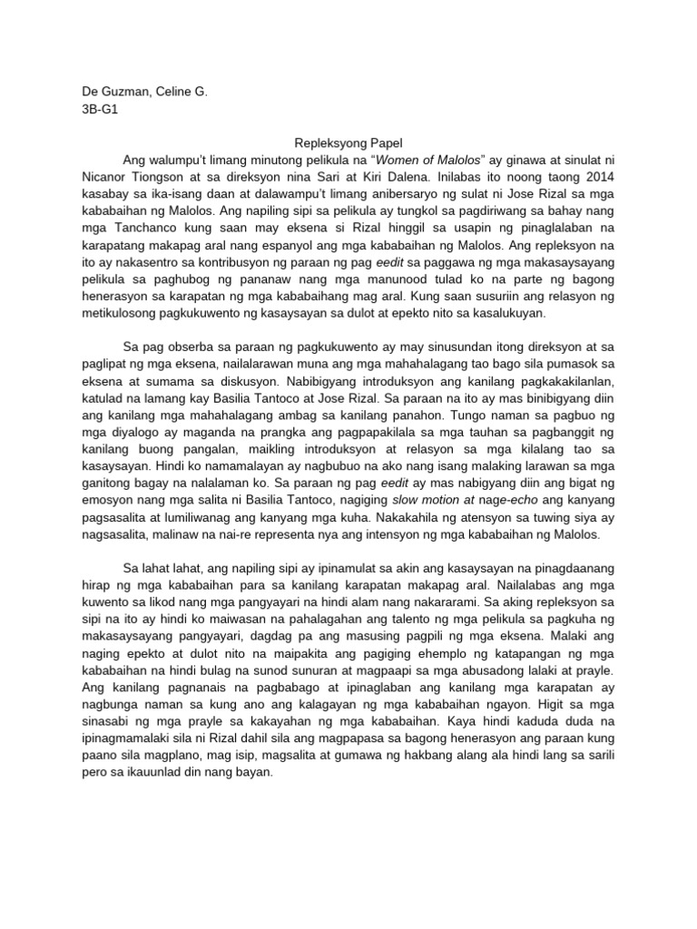 Rizal Reflection Paper - Women of Malolos | PDF