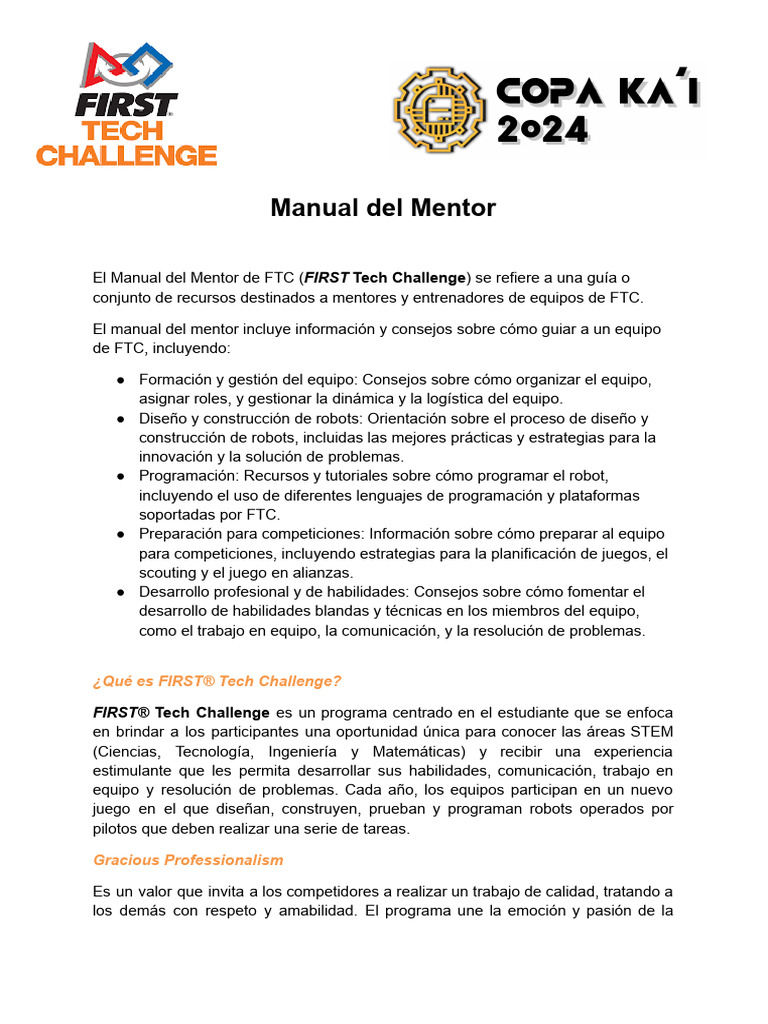 Manual Del Mentor de FIRST - Copa Ka'i 2024 | PDF