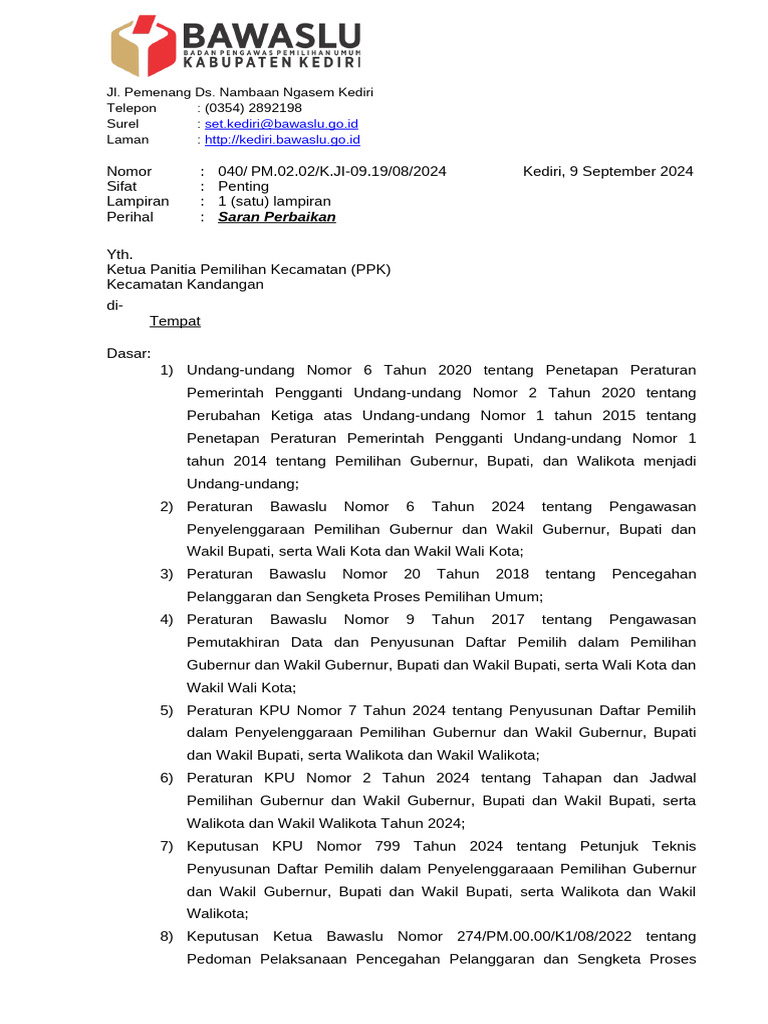 Draft Saran Perbaikan DPS Tingkat Kecamatan Periode 3 | PDF