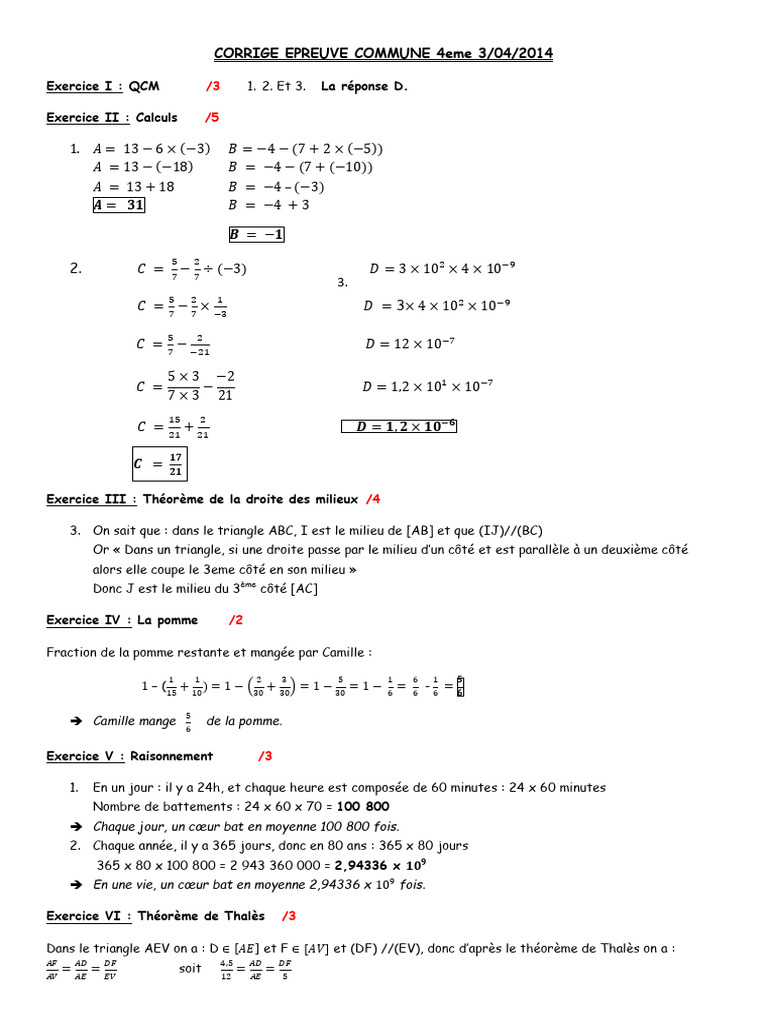 Devoir Commun 4eme 13 Corrige | PDF