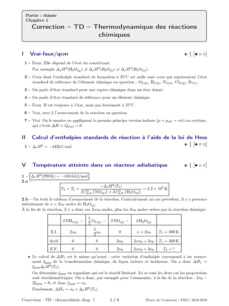Chap 1 TD Thermochimie Corr | PDF