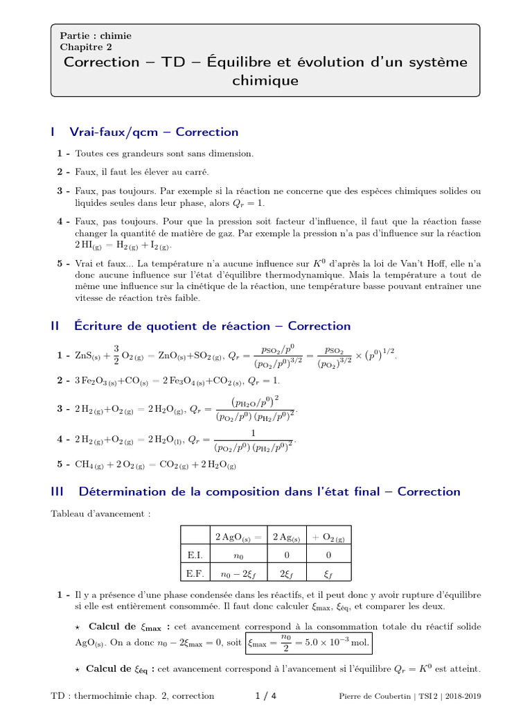 Chap 2 TD Equilibre Chimique Corr | PDF