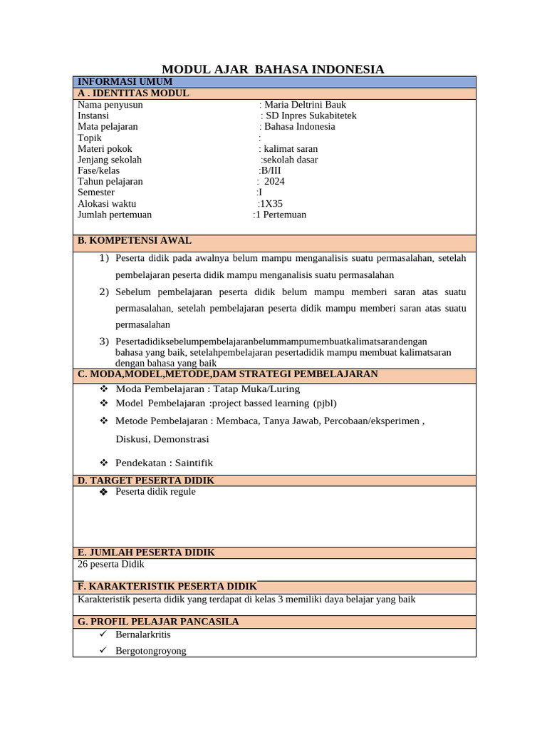 Modul Ajar Bahasa Indonesia (Sia) | PDF