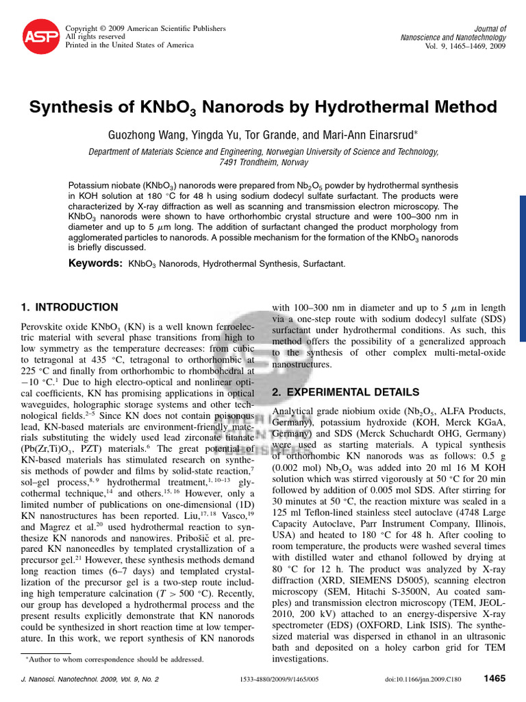 Synthesis of KNbO3 Nanorods by Hydrothermal Method | PDF