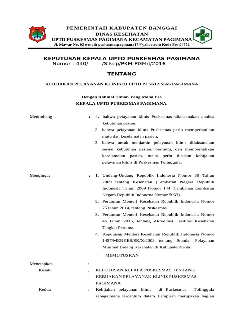 Keputusan Kepala Uptd Puskesmas Pagimana: Nomor: 440/ /S.kep/PKM-PGM/I/2016 | PDF