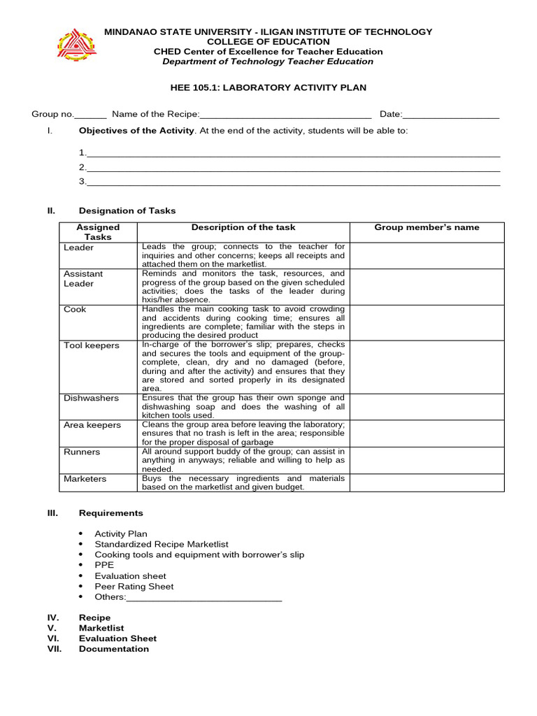 HEE 105 LABORATORY Activity Plan | PDF