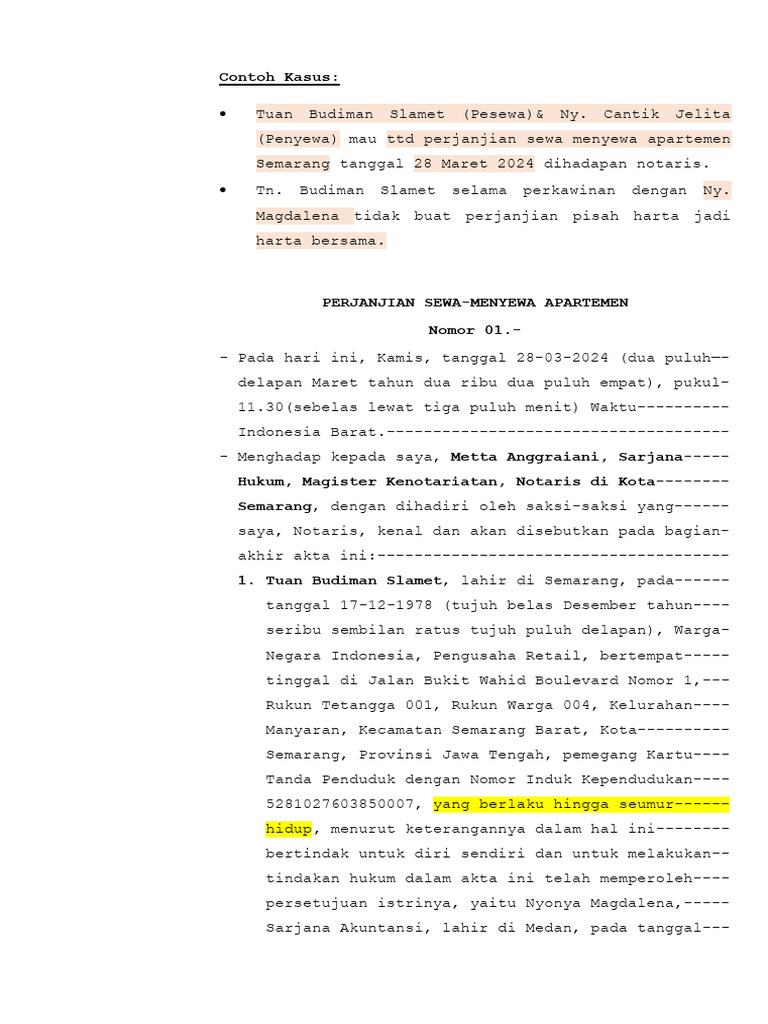 TPA 1 - Contoh Badan Akta & Komparisi Perjanjian Sewa Menyewa Apartemen | PDF