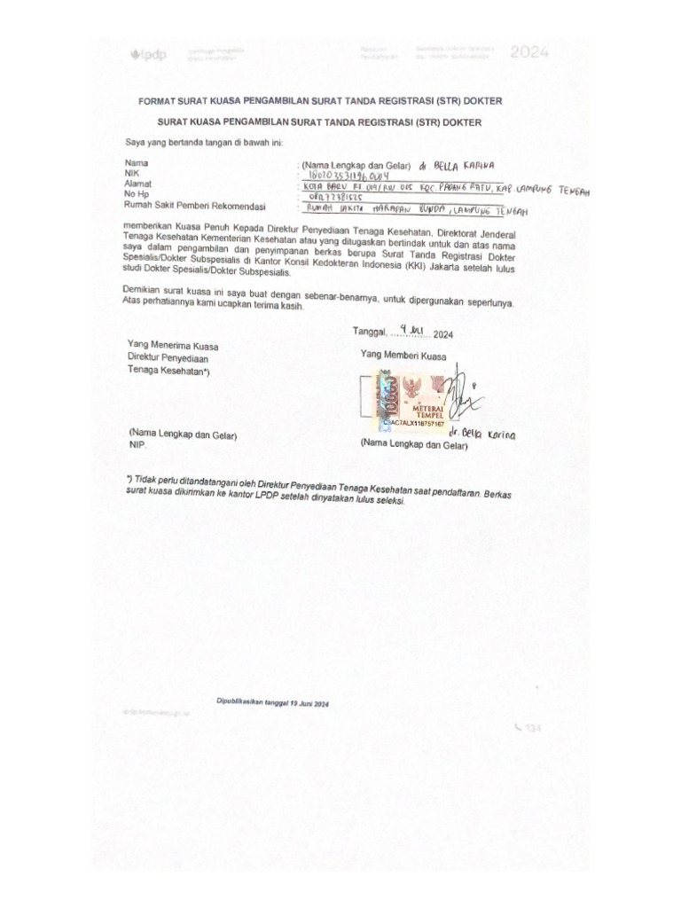 Surat Kuasa Pengambilan Surat Tanda Registrasi (STR) Dokter | PDF