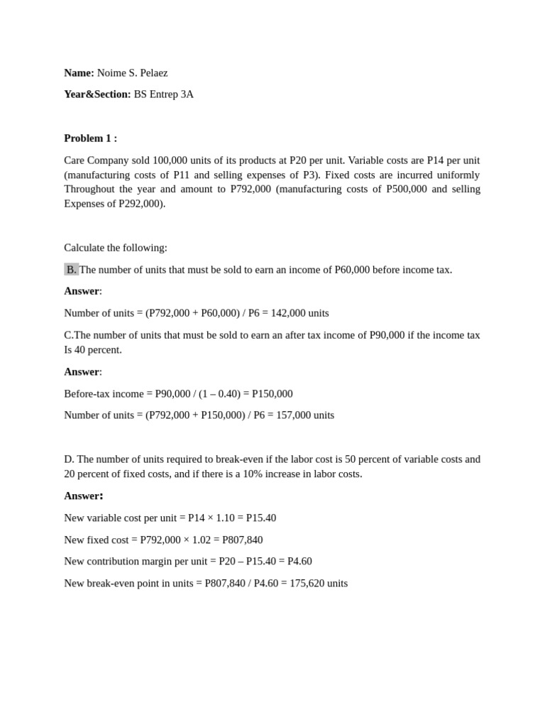 Problem 1 BREAK EVEN | PDF