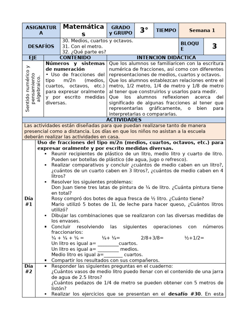 Fracciones y Medidas en Matemáticas 3° | PDF | Secuencia | Artes del ...