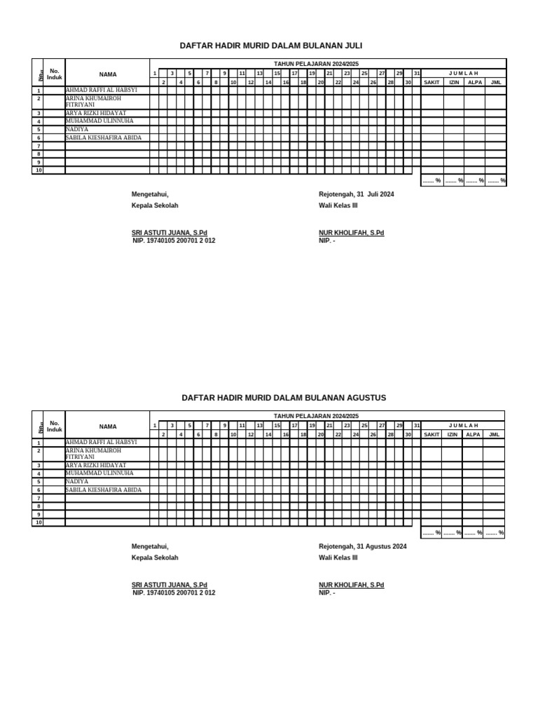 Form Daftar Hadir Siswa | PDF