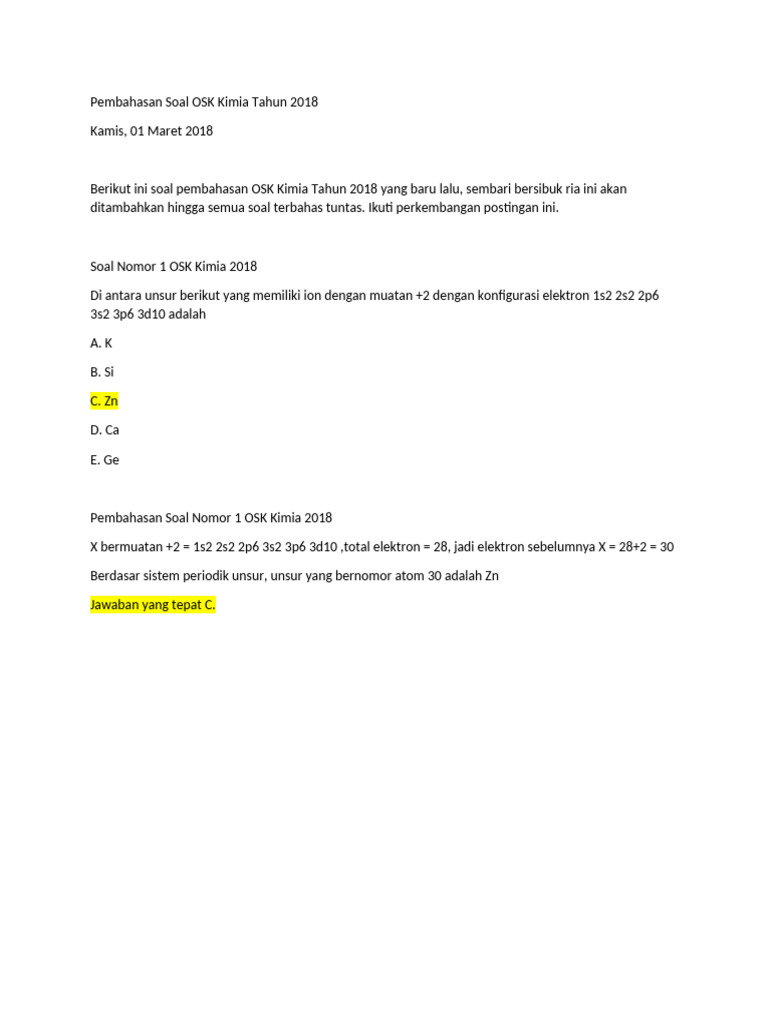 Pembahasan Soal OSK Kimia Tahun 2018 | PDF
