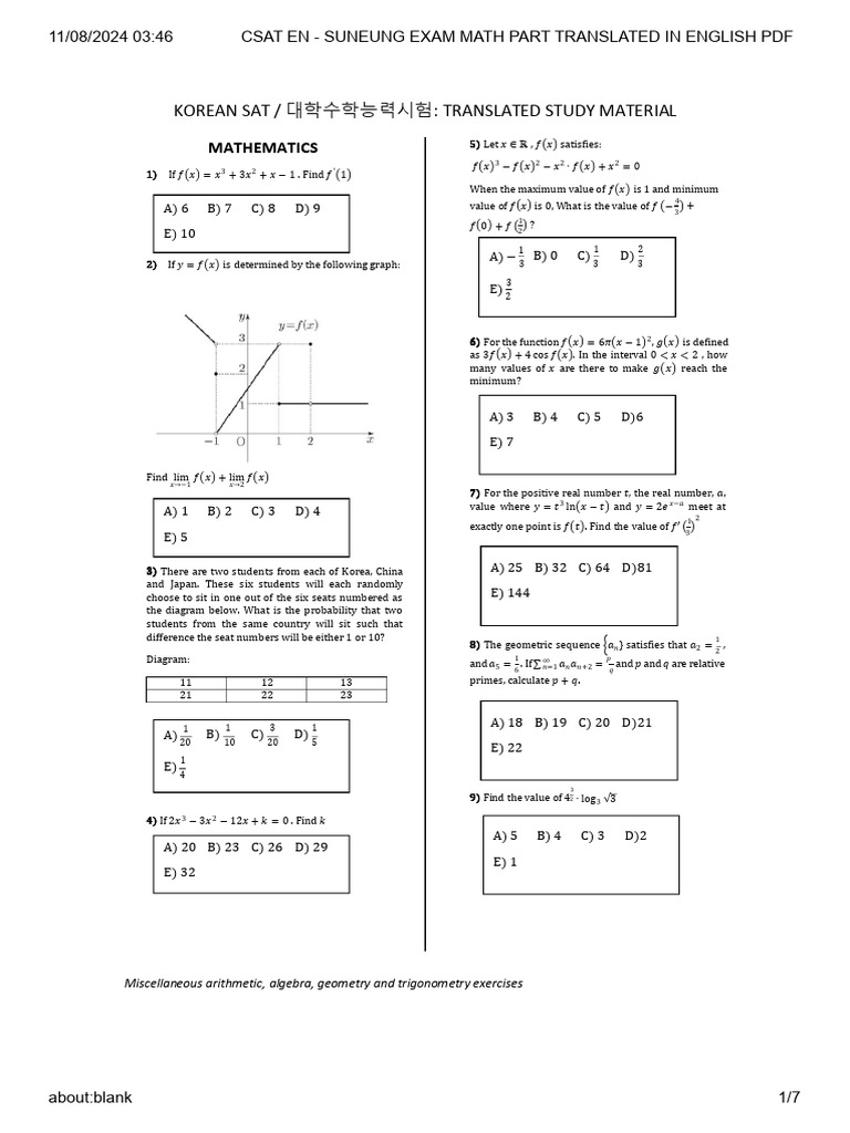 Csat en - Suneung Exam Math Part Translated in English PDF | PDF