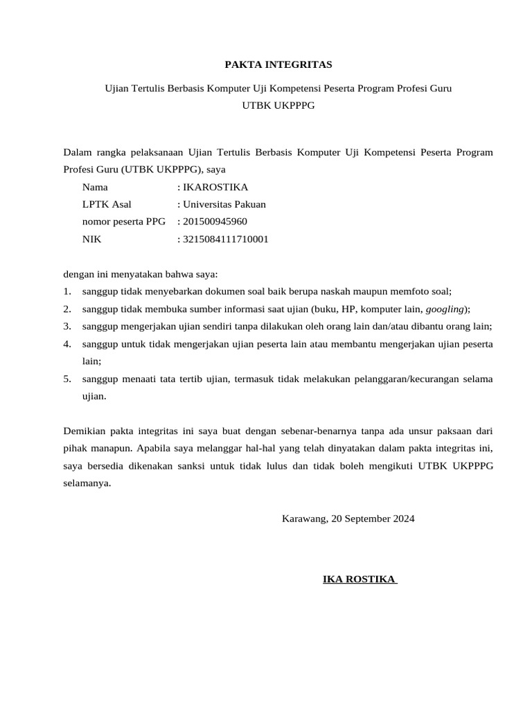 Pakta Integritas UTBK UKPPPG | PDF