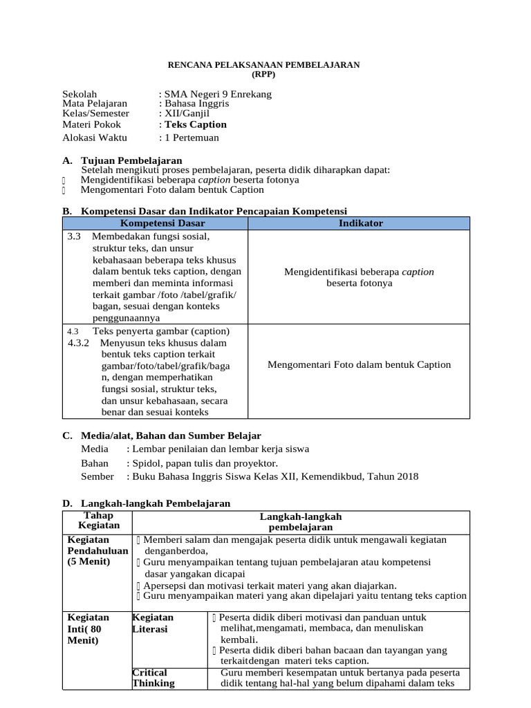 Caption: Rencana Pelaksanaan Pembelajaran (RPP) | PDF