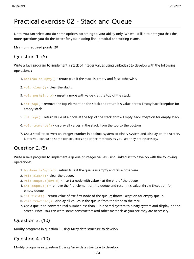 Practical Exercise 02 - Stack and Queue | PDF