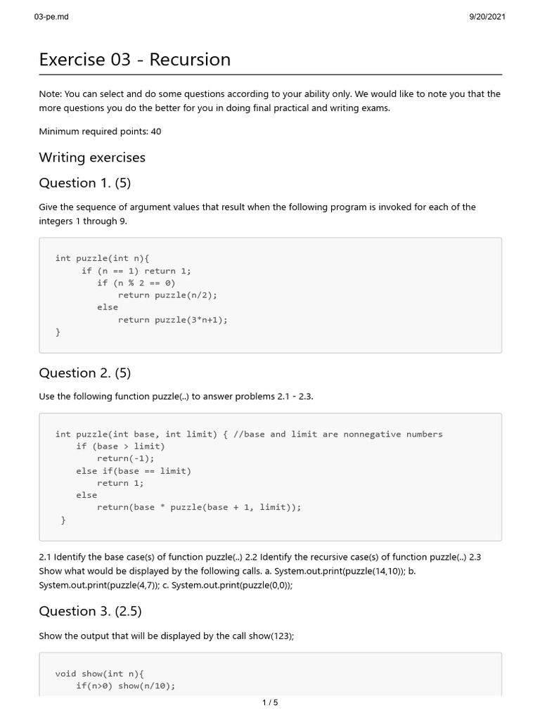 Exercise 03 - Recursion | PDF