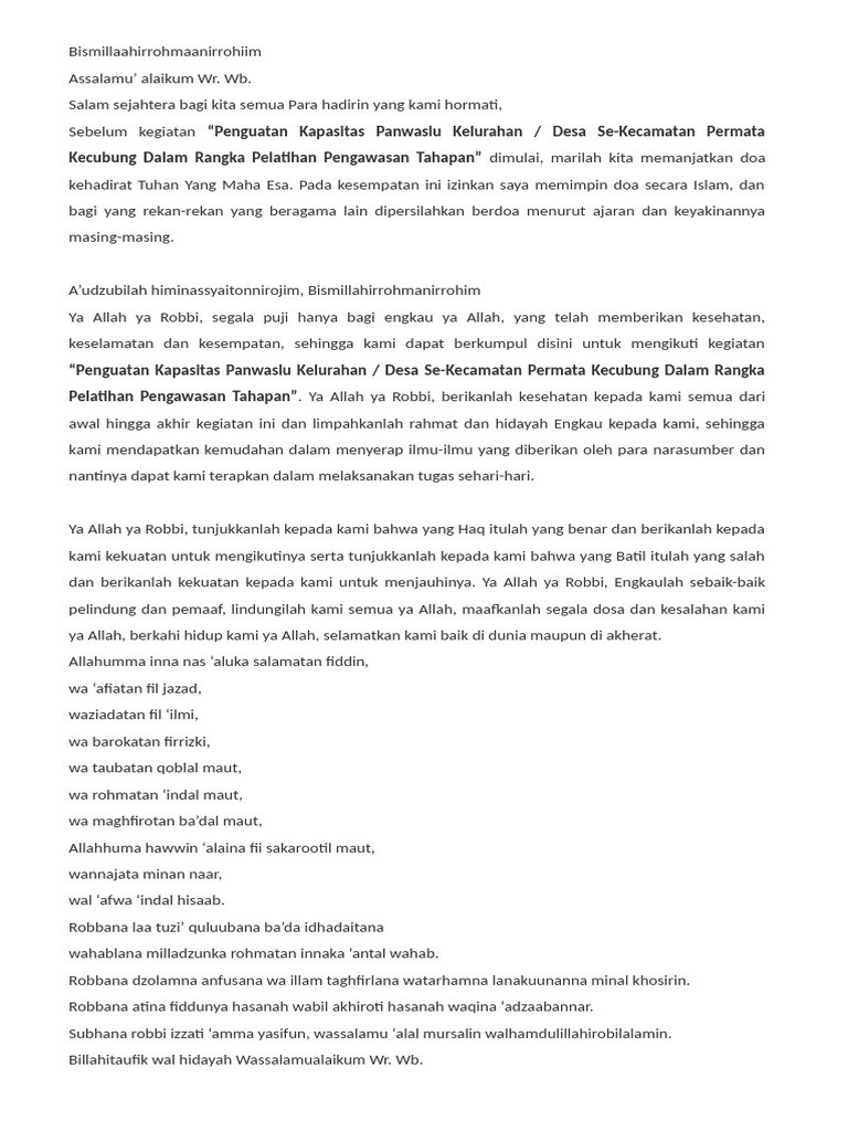 Bismillaahirrohmaanirrohiim - DOa Pembuka Kegiatan Panwas Permata | PDF