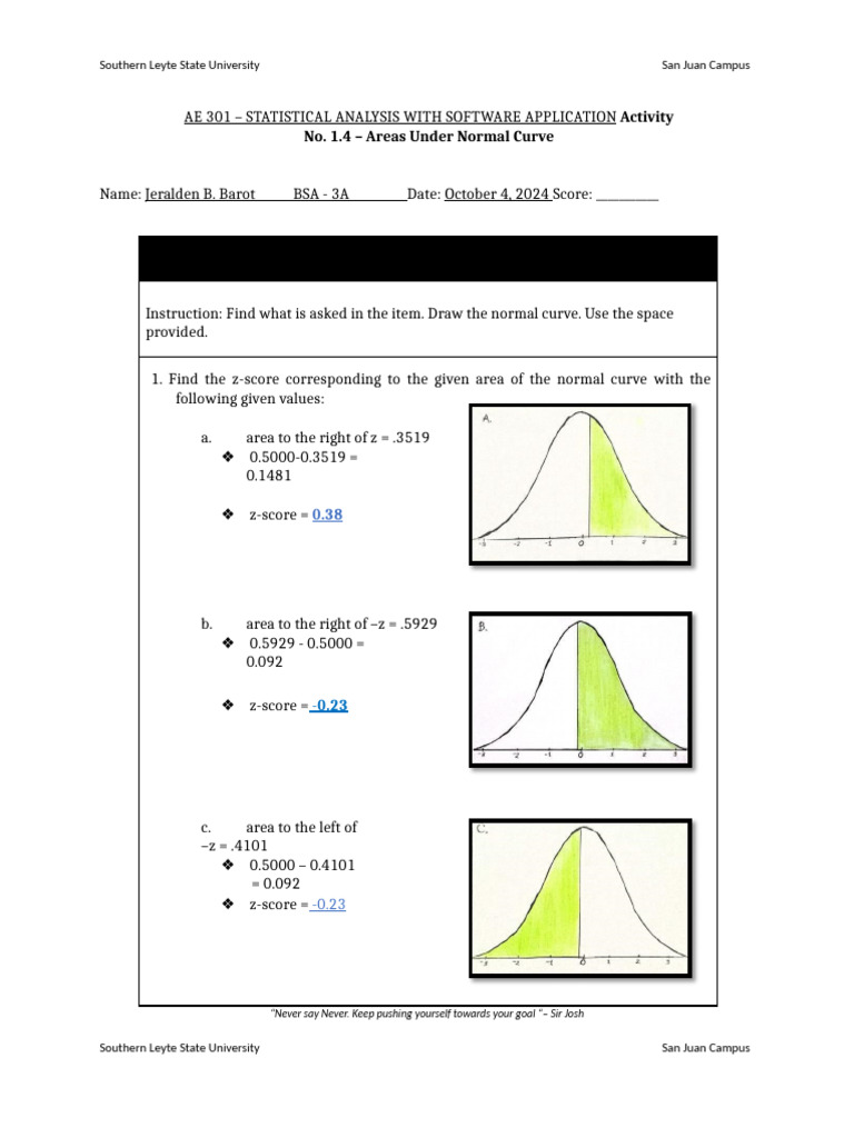 Barot - Activity No.1.4 Areas Under Normal Curve AE-301 | PDF ...