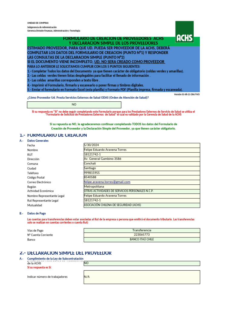 7-Formulario Solicitud Creación y Declaración Simple de Proveedores Achs-CEM | PDF | Finanzas y ...