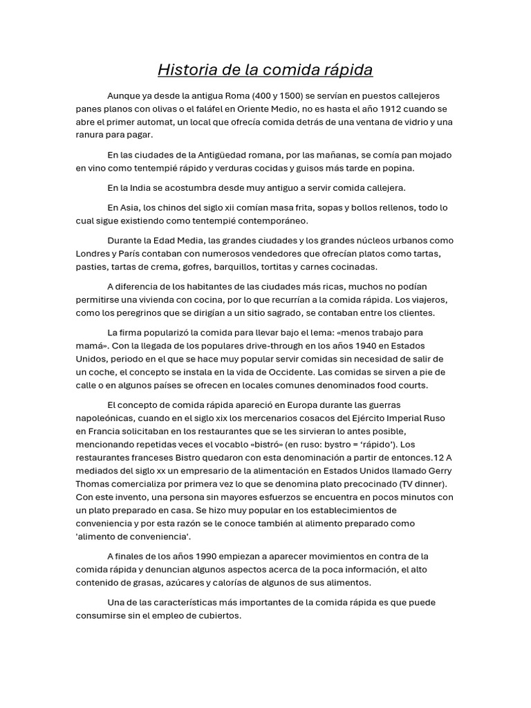 Historia de La Comida Rápida | PDF