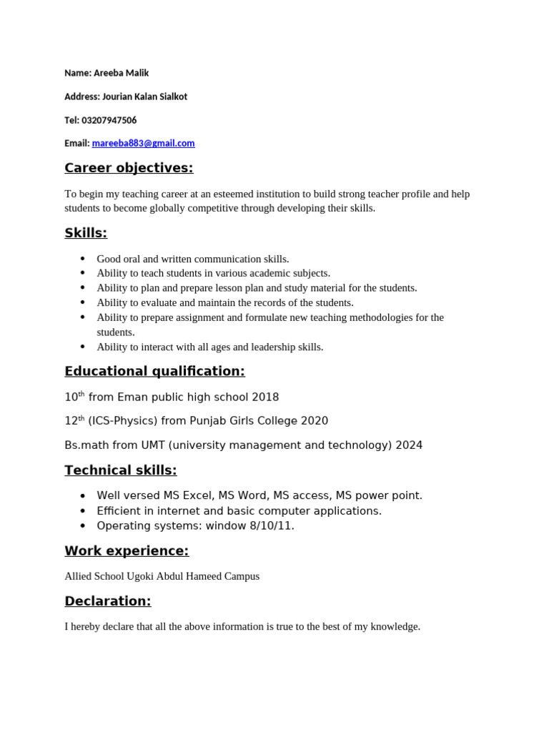 Career Objectives:: Name: Areeba Malik Address: Jourian Kalan Sialkot ...