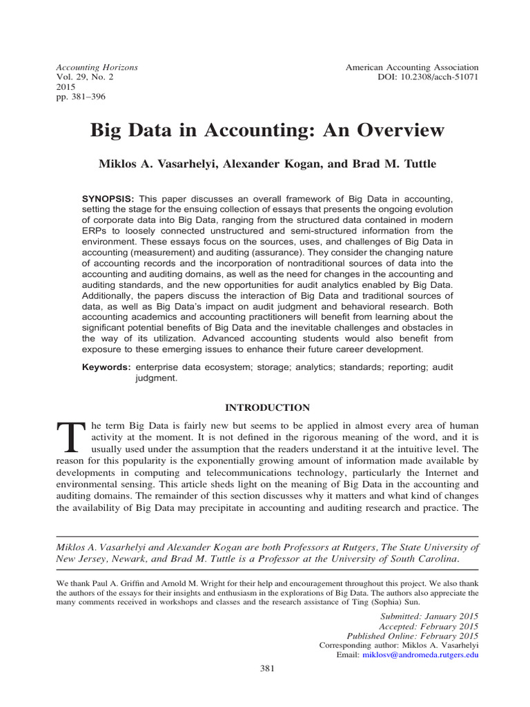 Vasarhelyi Kogan Tuttle (2015) Big Data in Accounting An Overview Accounting Horizons | PDF