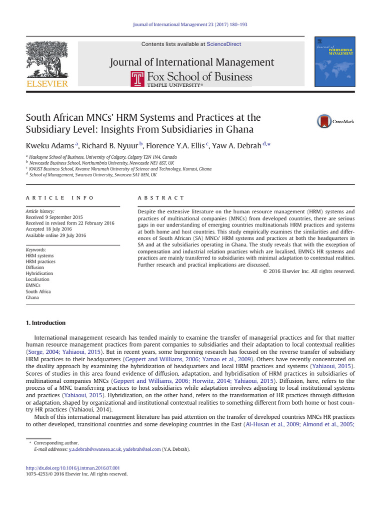 South African MNCs HRM Systems and Practices at The - 2017 - Journal of Intern | PDF