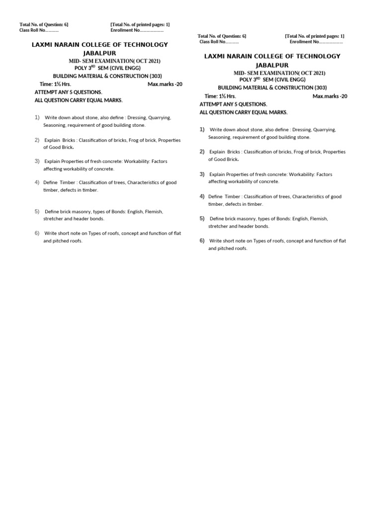 Mid Sem Paper Building Material N Construction | PDF