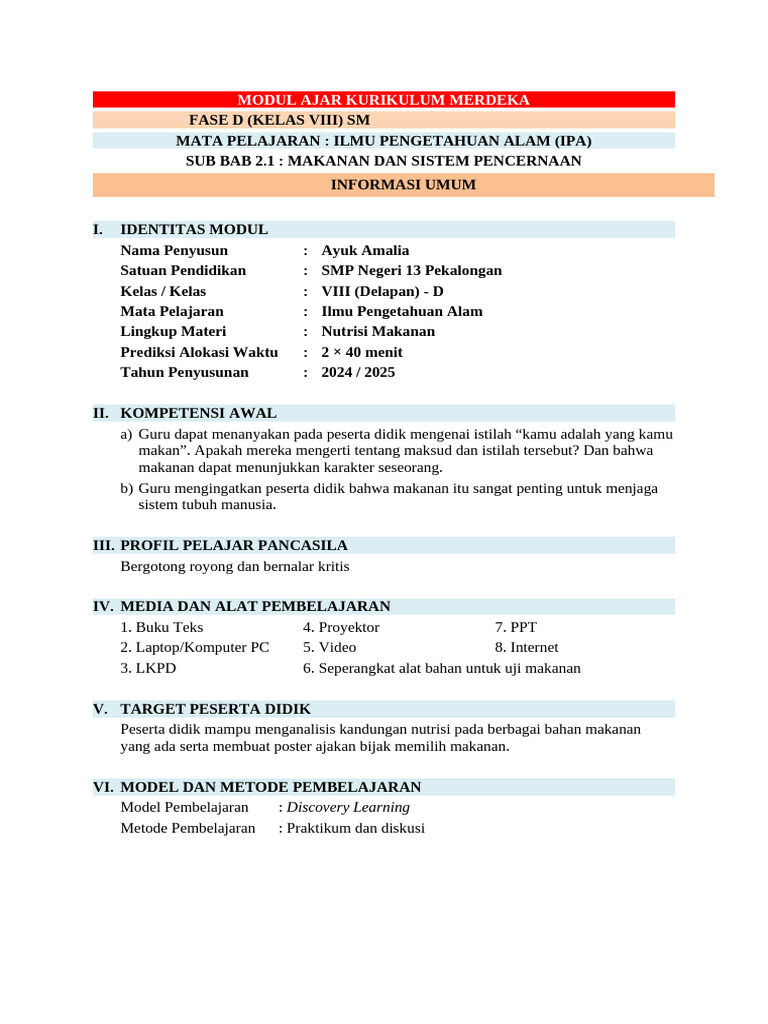 Modul Ajar Makanan | PDF