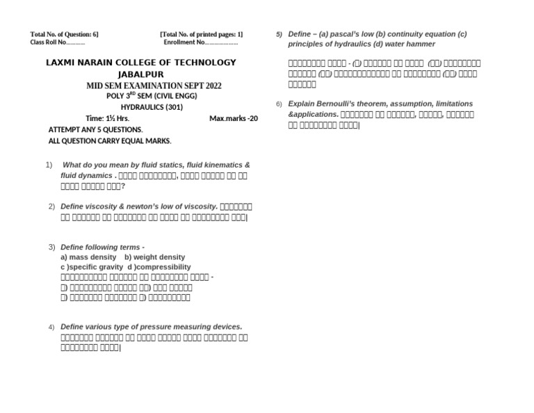 Mid Sem Paper Hydraulics Pdf