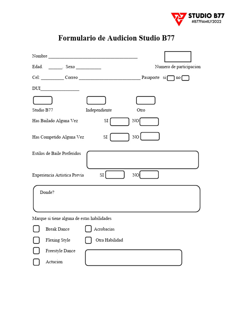 Formulario de Audicion Studio B77 | PDF