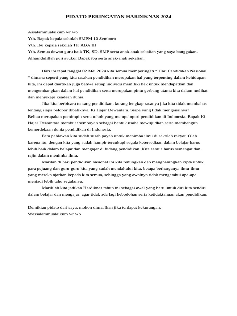 Pidato Peringatan Hardiknas 2024 | PDF
